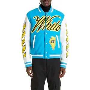 Off-White Leather And Virgin Wool Blend Varsity Jacket In
